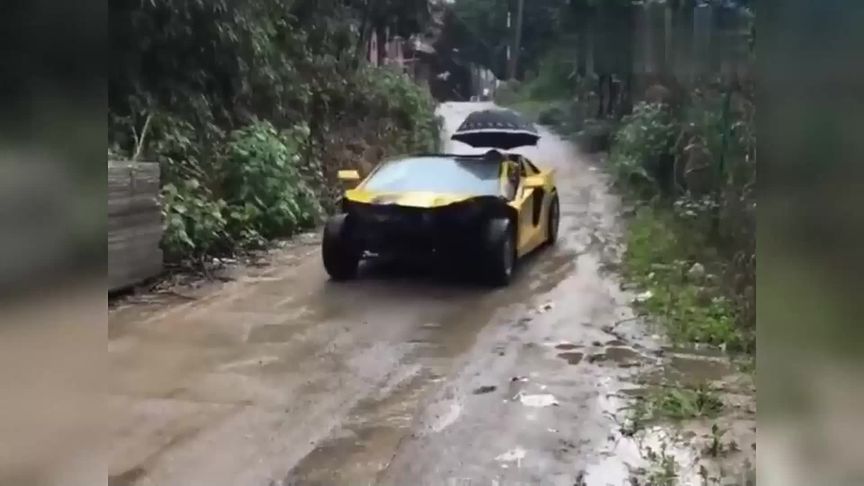 开敞篷居然撑雨伞