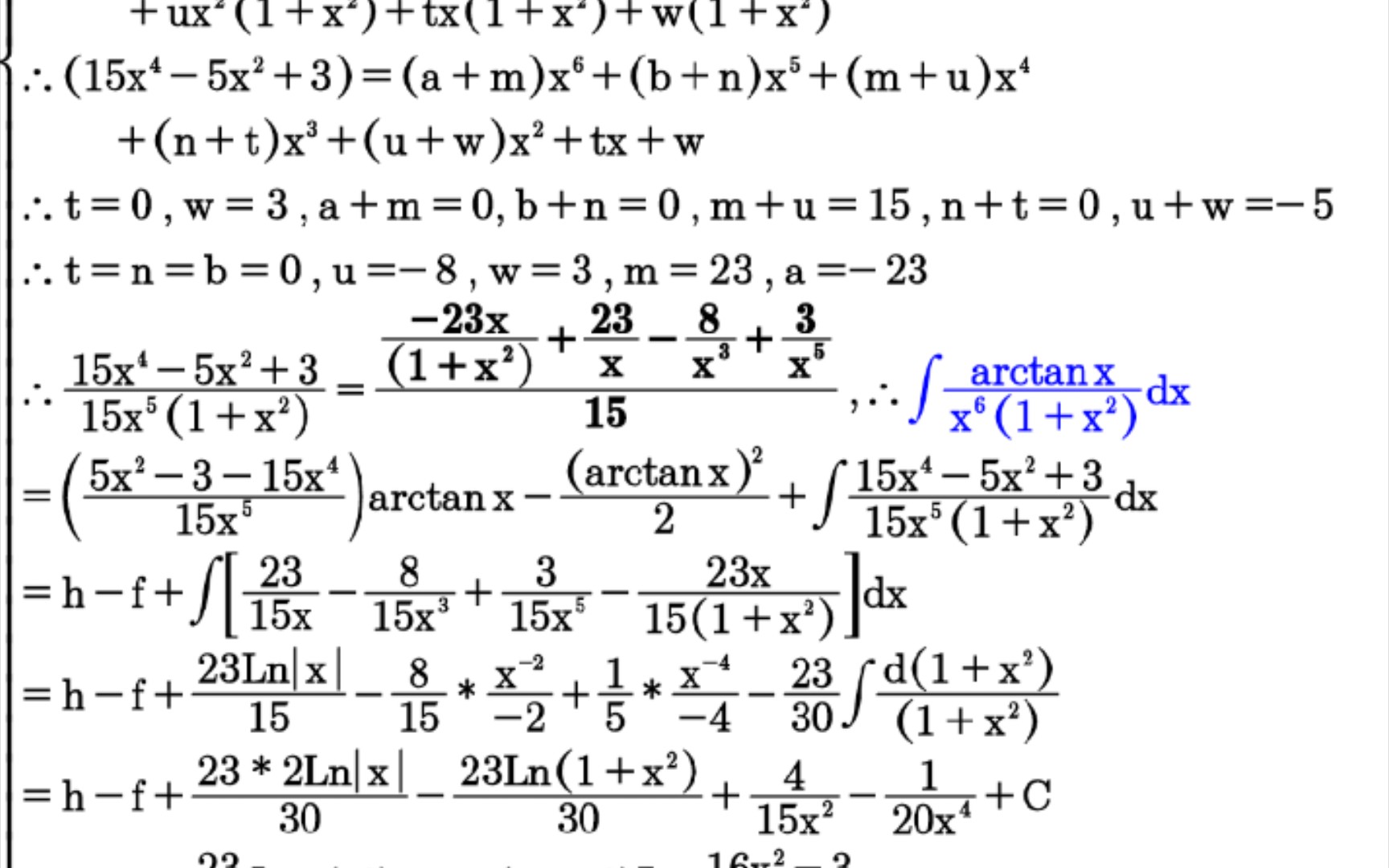 【高数分部积分法】不定积分∫(arctanx)/(x⁶(1+x²))dx:有理函数分式...