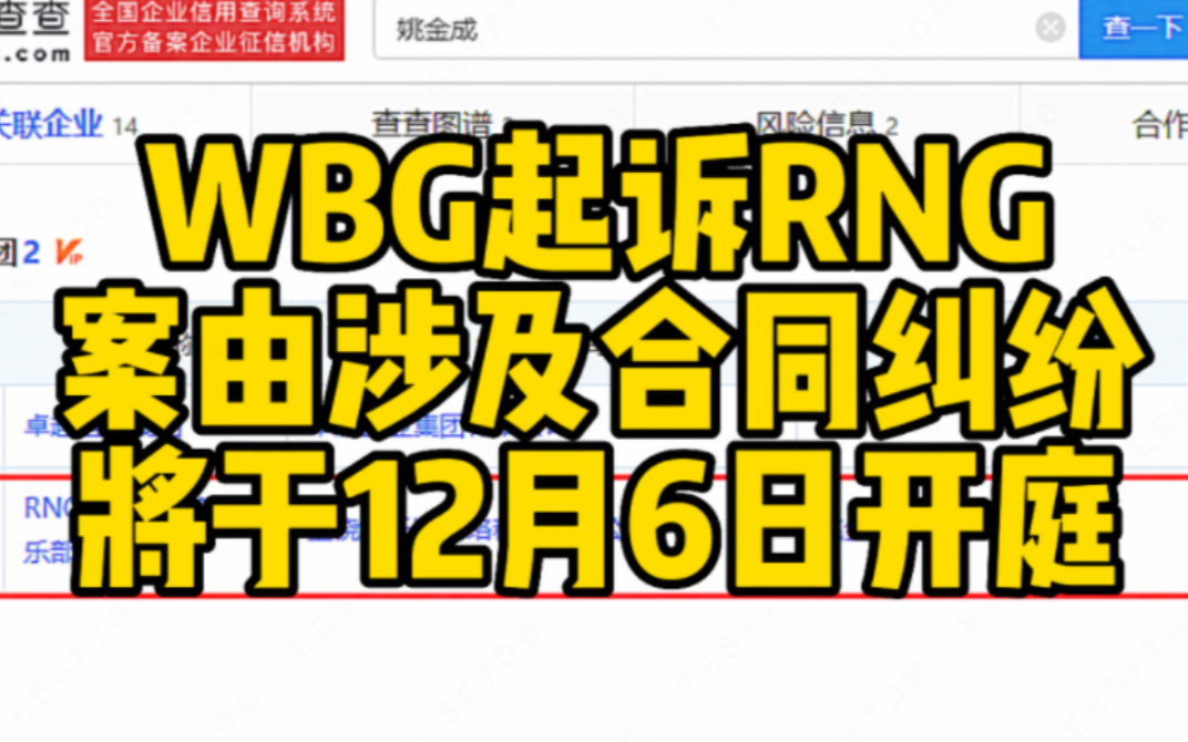 WBG起诉RNG 案由涉及合同纠纷 将于12月6日开庭