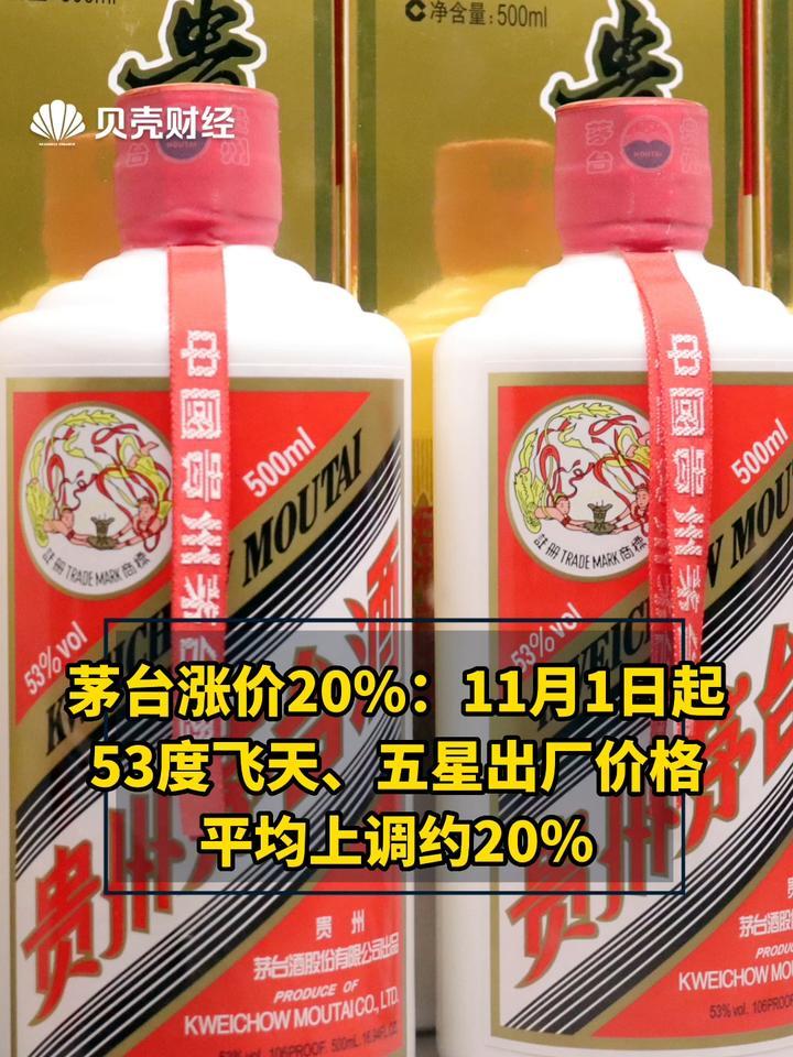 #茅台涨价 20% :11月1日起,53度飞天、五星出厂价格平均上调约20%.