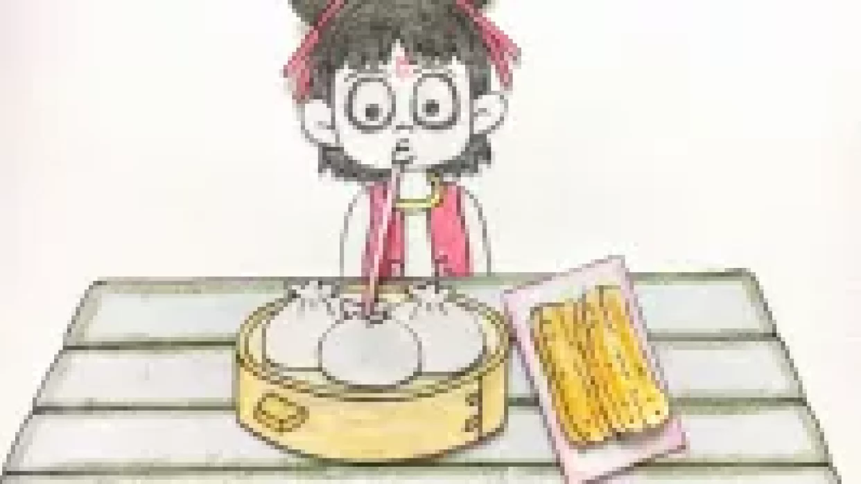 手绘定格动画:美味的早餐,灌汤包和油条,哪吒吃得好满足