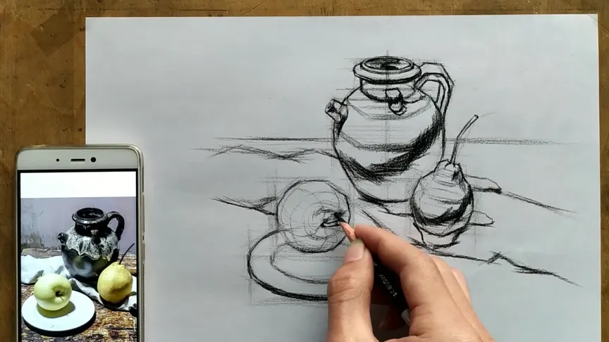 罐子梨子苹果盘子等四个组合静物结构素描精简版绘画视频