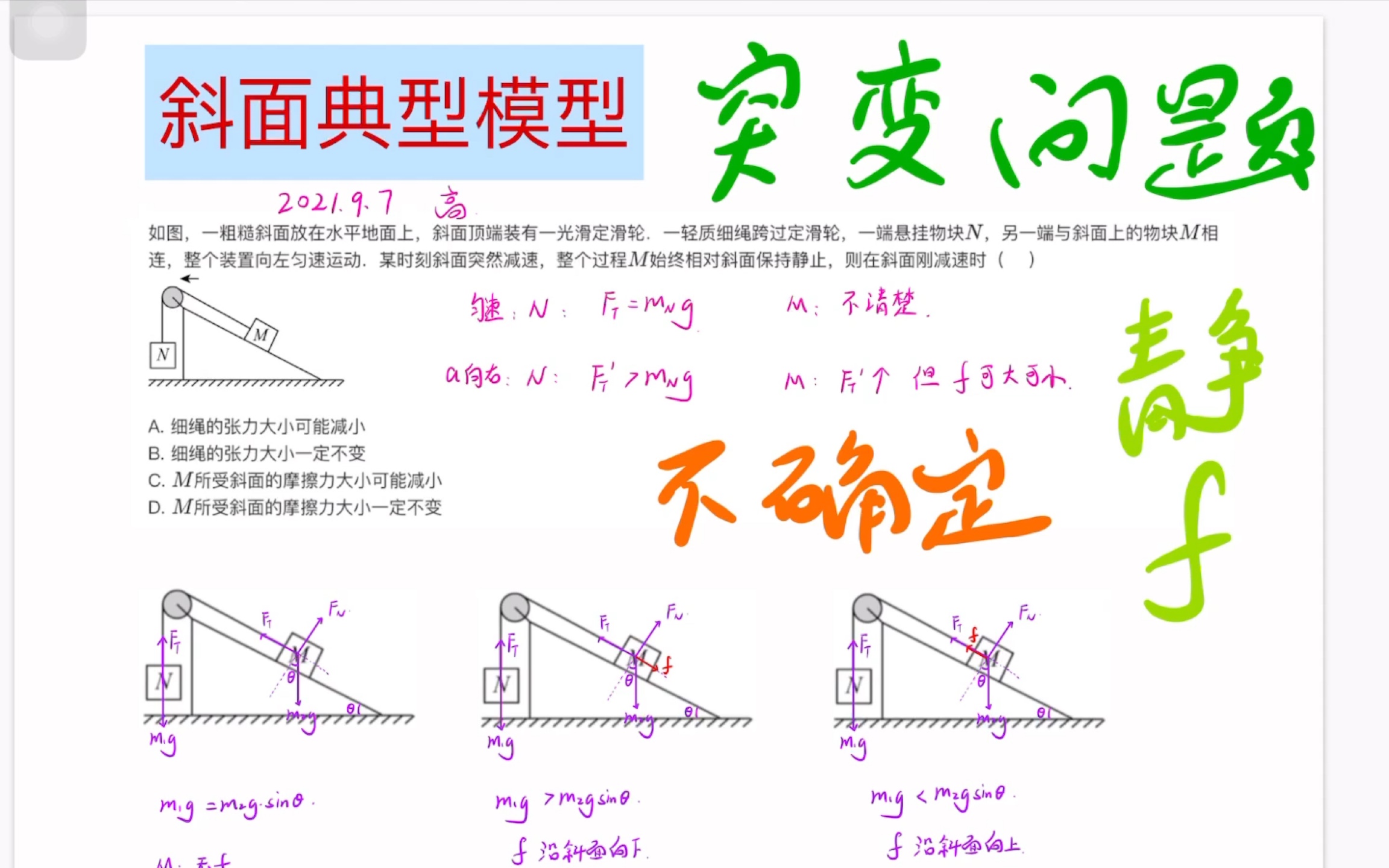 【小高老师】斜面摩擦力典型模型·连接体·突变临界问题·分类讨论
