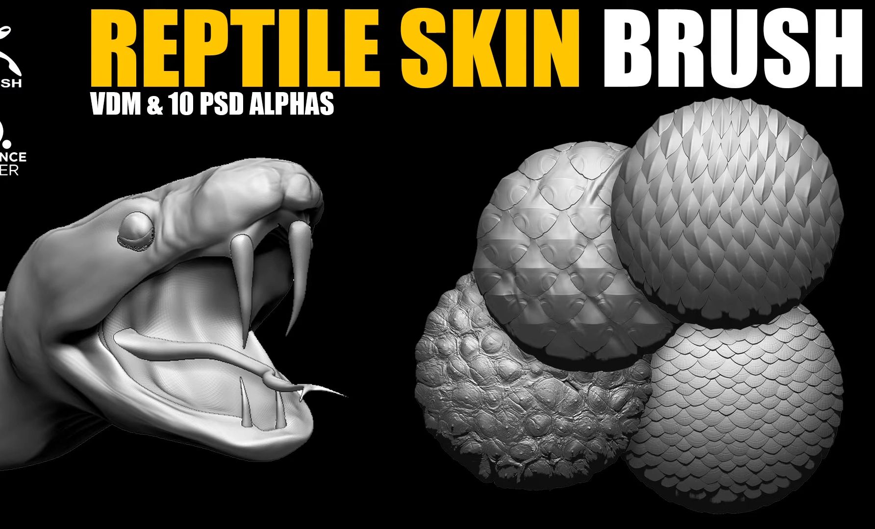 ZBrush素材10款龙蛇鱼鳞片生物皮肤Alpha笔刷PSD纹理贴图ZB雕刻