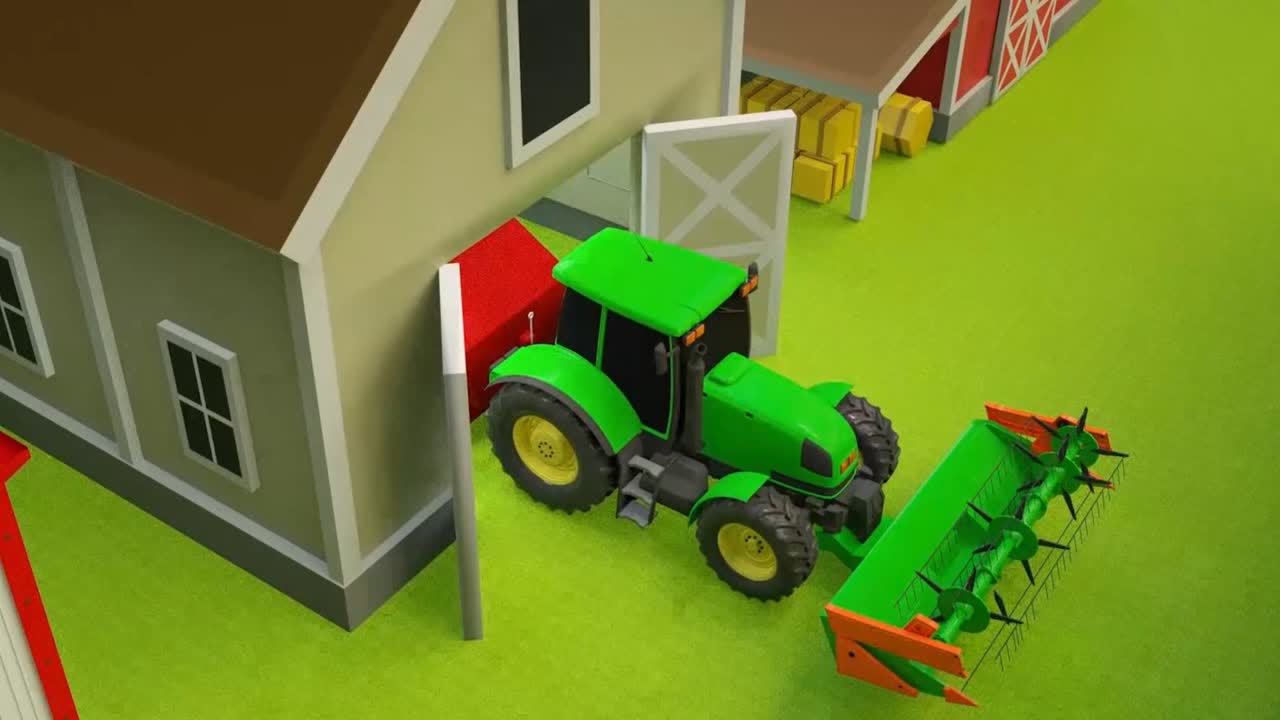 拖拉机在农场更换各种装备工作,儿童早教益智动画