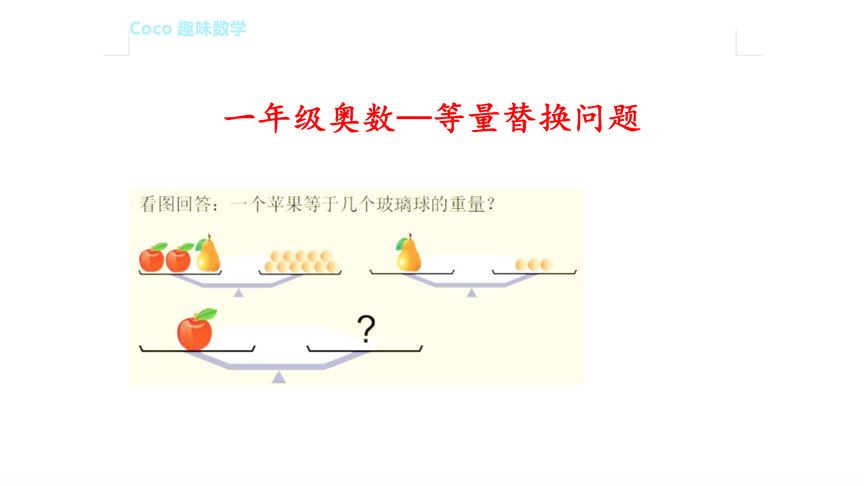 小学奥数:你可以10秒内看出,图中一个苹果等于几个玻璃球的重量