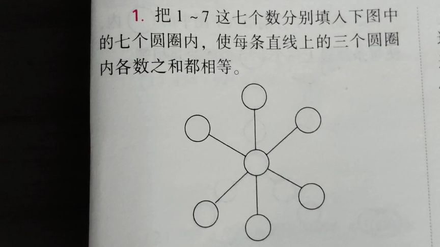把1～7这七个数分别填入下图中的七个圆圈内,使每条线上的和相等