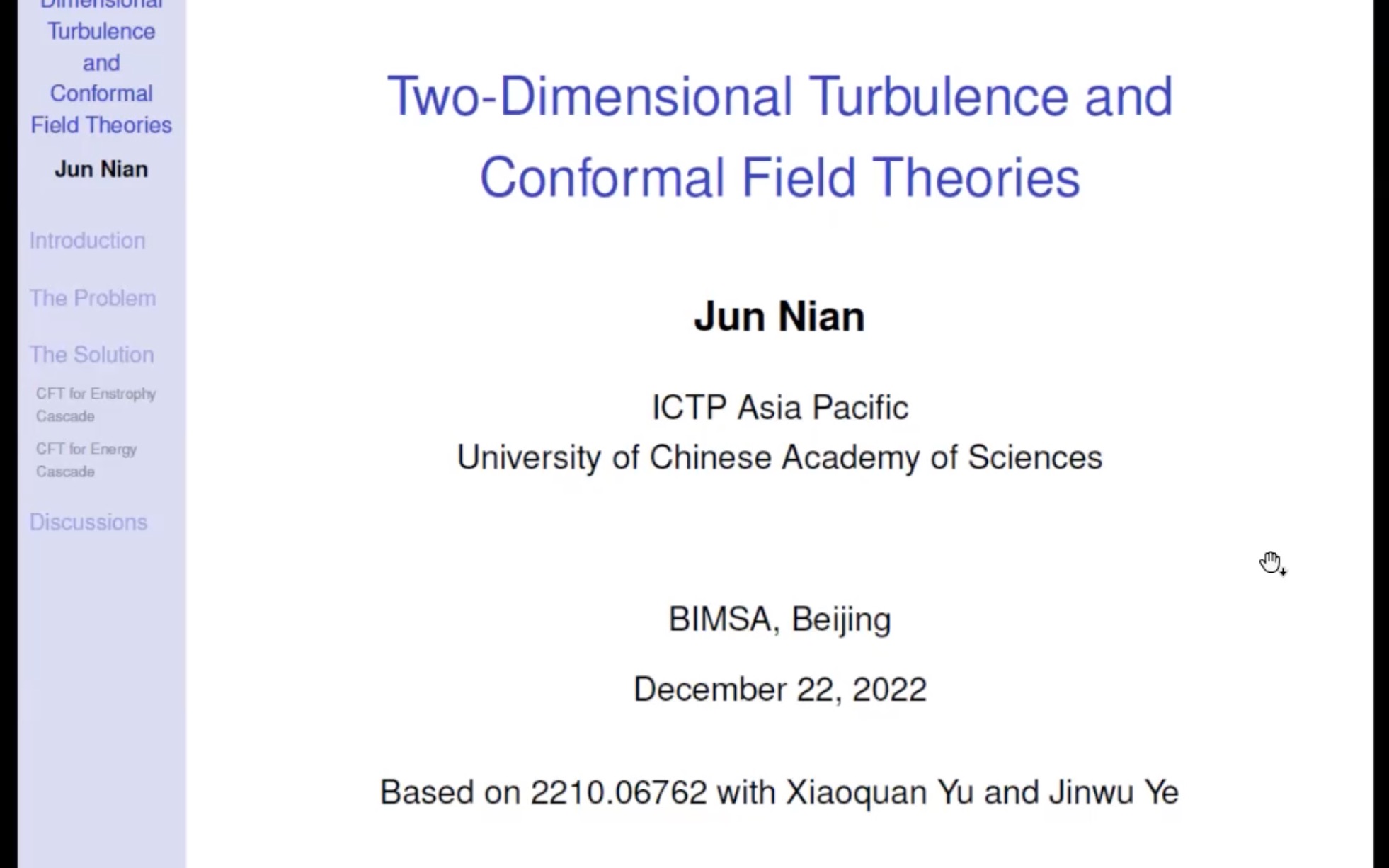 Jun Nian: Two-dimensional Turbulence and Conformal Field Theories