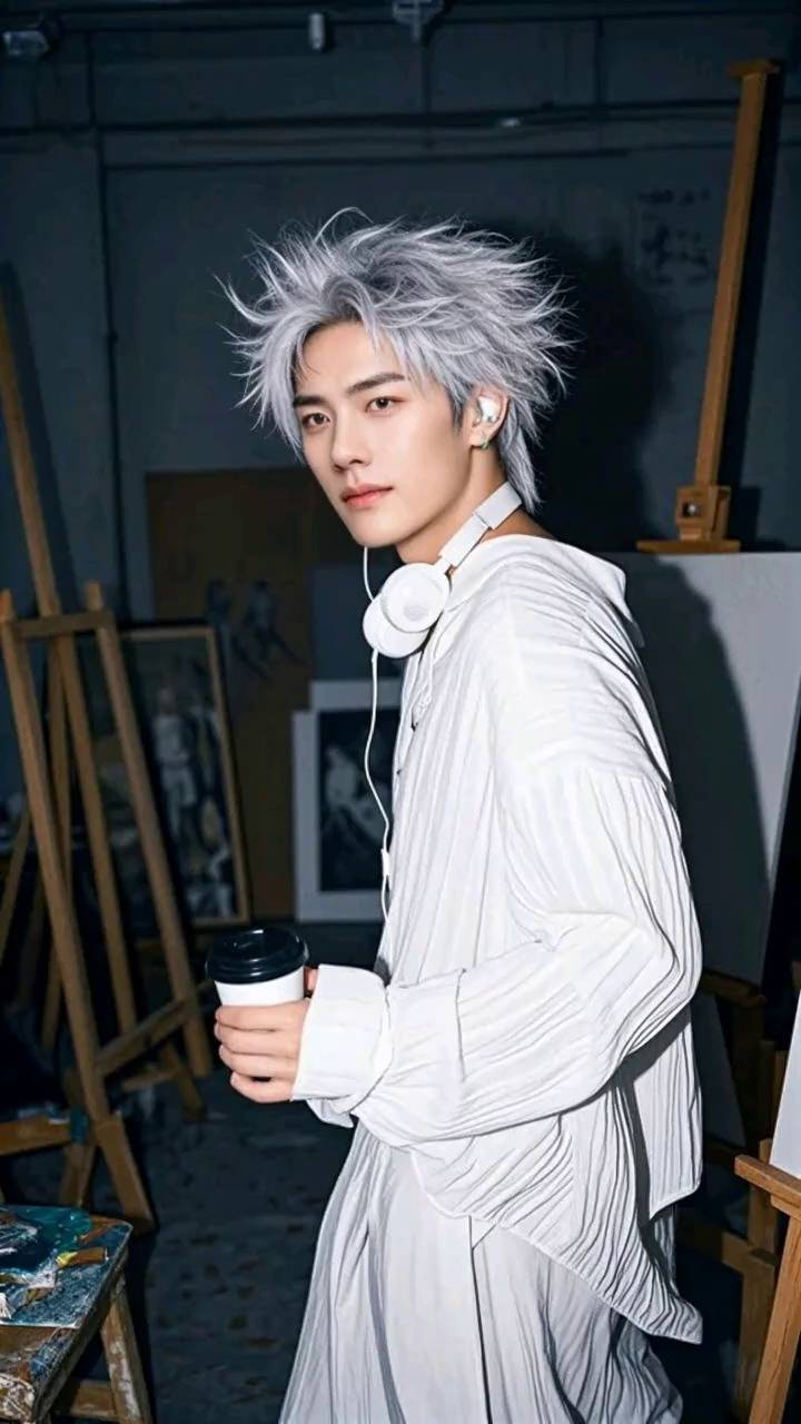 白衣男士在画室手持咖啡杯