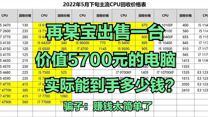 五月下旬主流CPU回收报价参考 吧友卖电脑被到手刀一半是什么体验