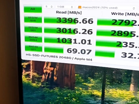 苹果m4迷你主机系统测ssd跑分三款软件都不同aja blackmagic-speed-...