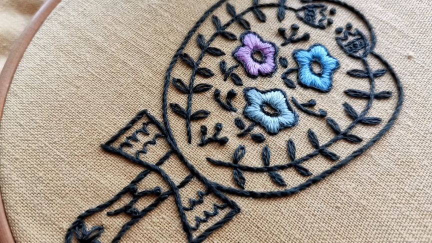 手工刺绣手持镜,用不同粗细的绣线表现线条的细节