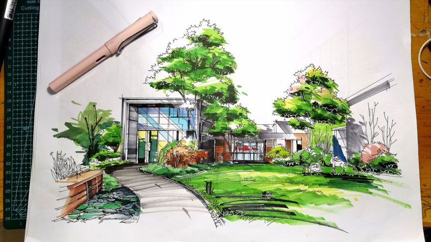 【手绘教程】一幅室外效果图