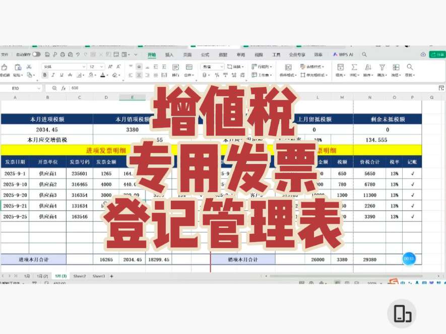 增值税专用发票登记管理表,把进项销项分别统计,即可自动汇总发票...