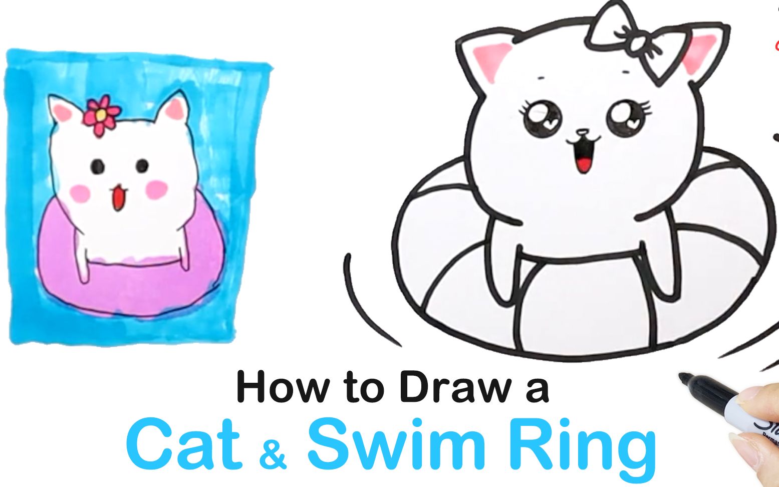 儿童简笔画 戴着游泳圈的猫咪 How to Draw Summer Cat wearing a ...