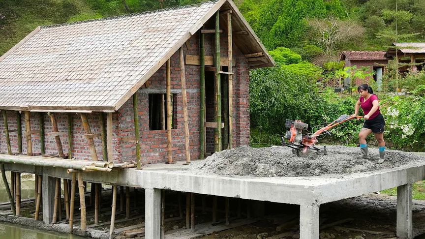 野外现浇楼板,大表妹和表姐建造房屋,女泥瓦匠附身农村房屋建造