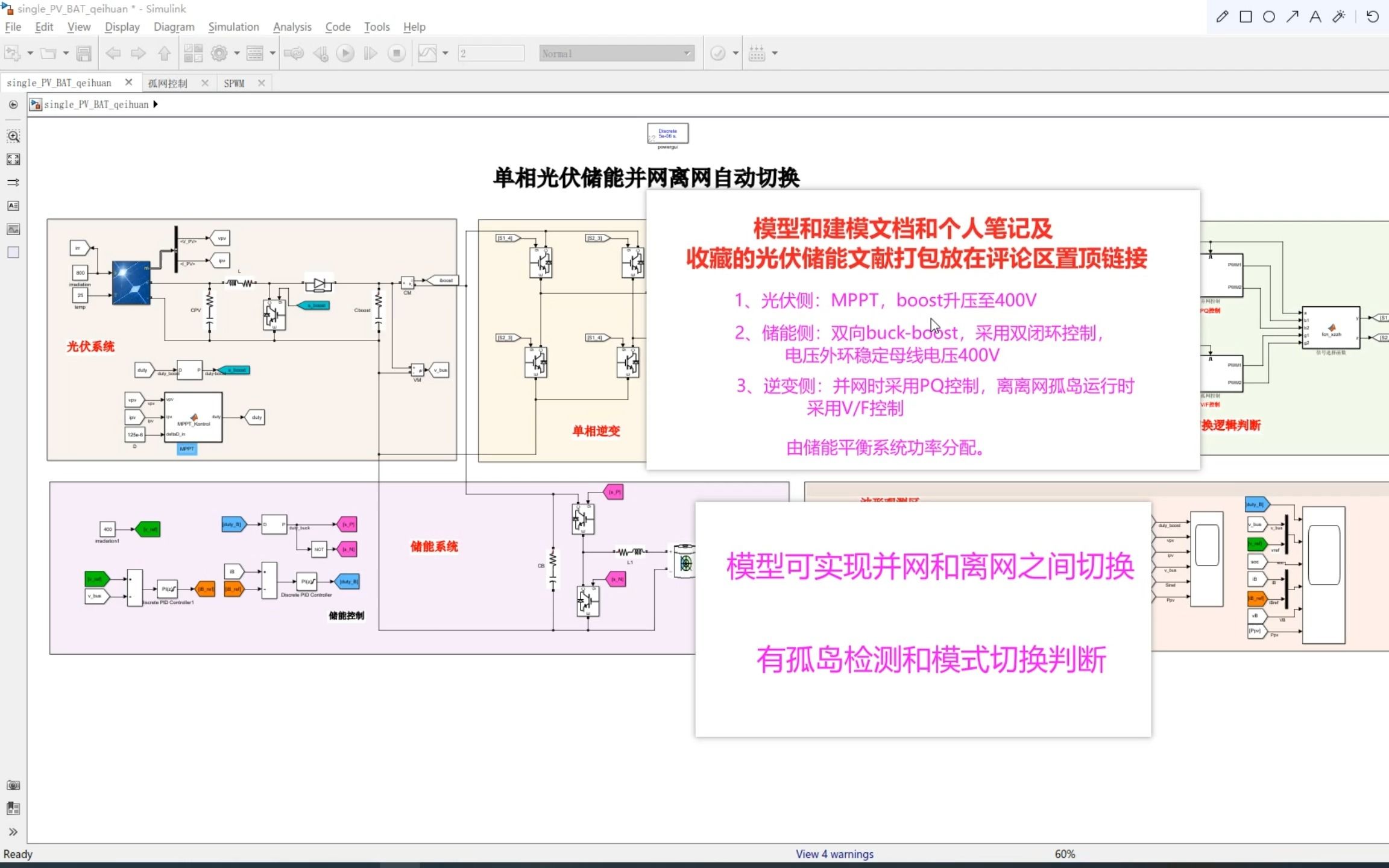 单相光伏储能并网PQ控制离网恒压恒频控制并离网切换含笔记和建模...