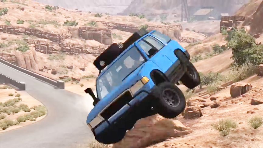BeamNG:越野车开足马力不减速过弯,模拟真实车祸游戏