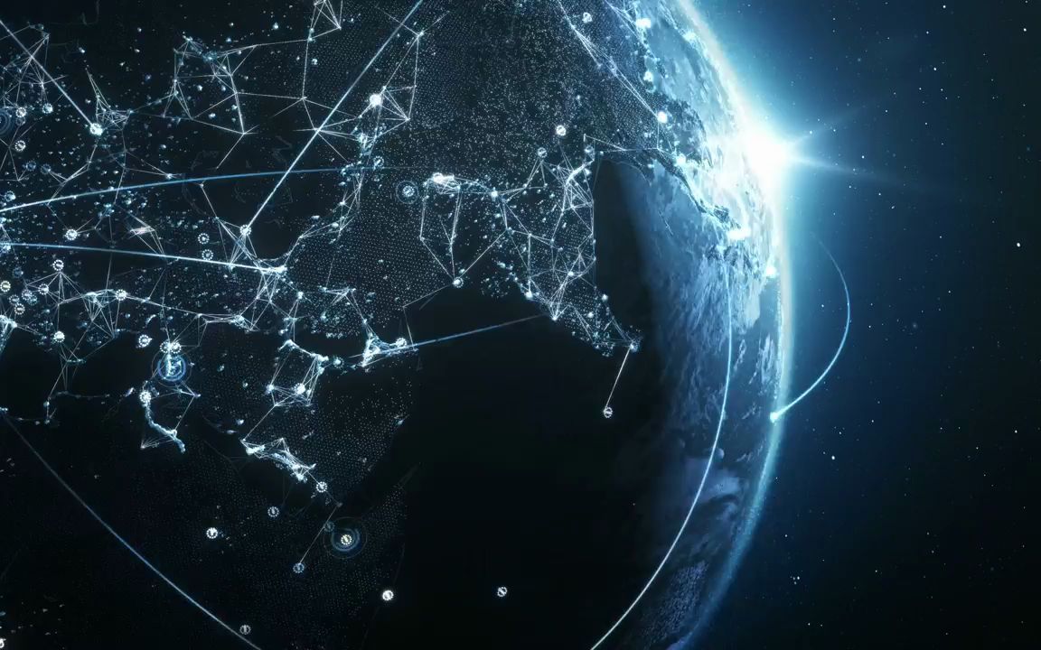 ...炫酷蓝色高科技感线条粒子HUD世界地图地球转动特效计算机互联网...