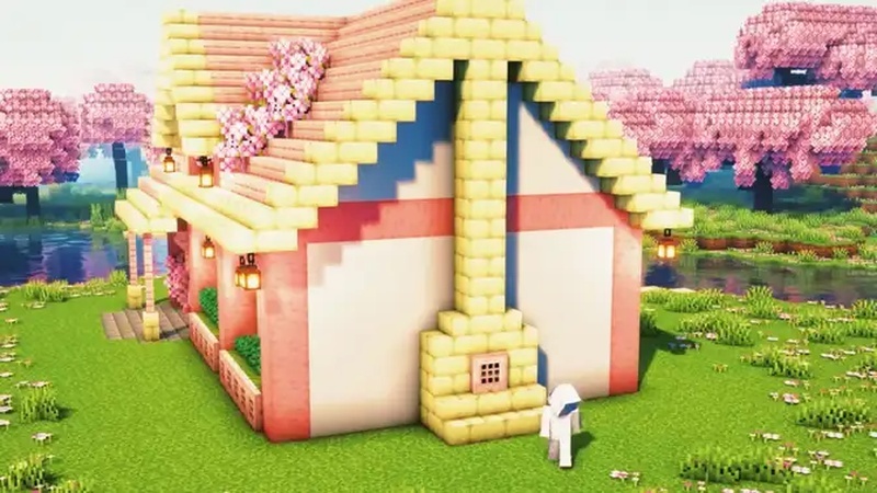 我的世界:田园系樱花小屋,简约有格调