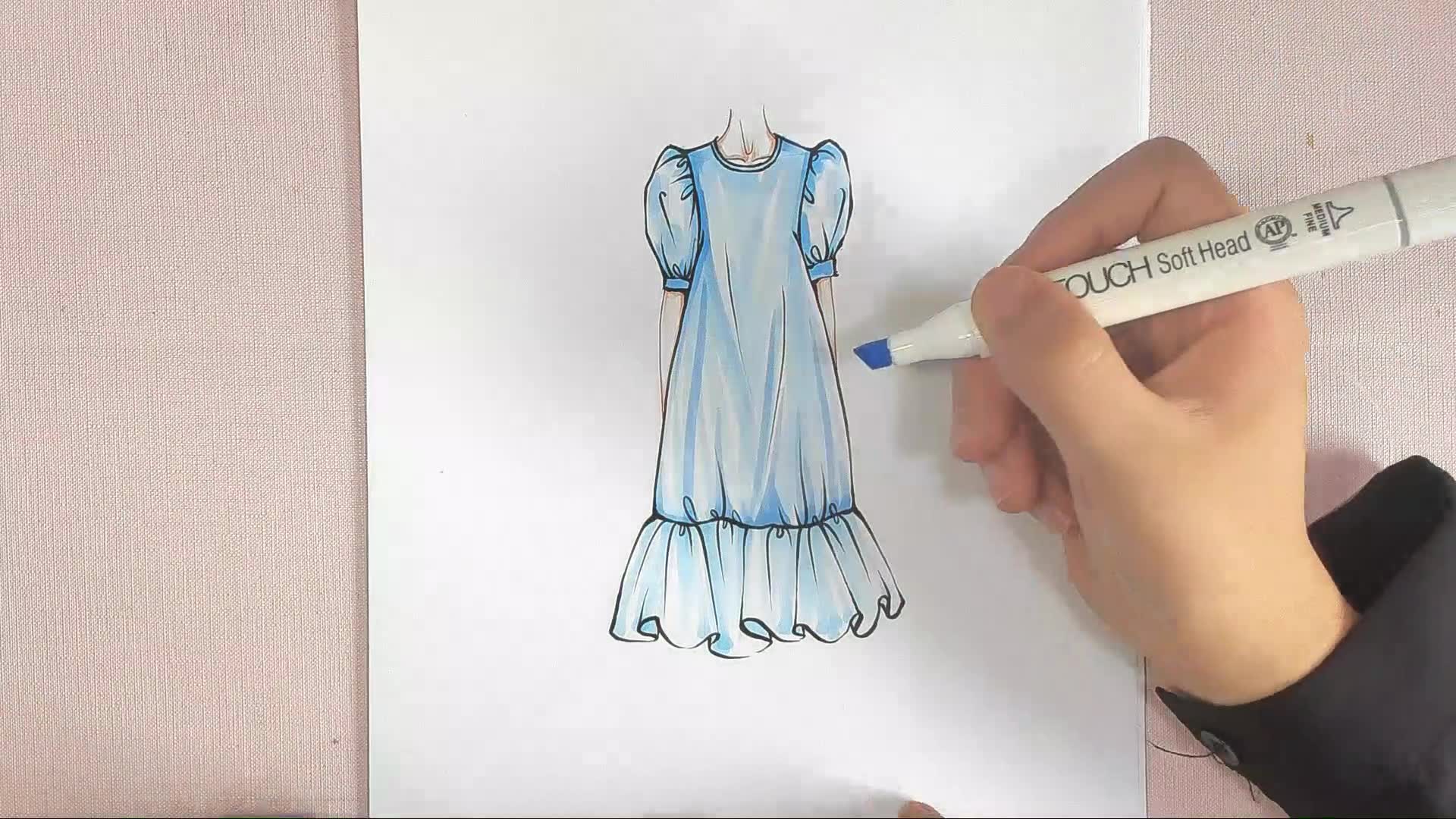 服装设计手绘学习:蓝色裙子款式图绘画过程