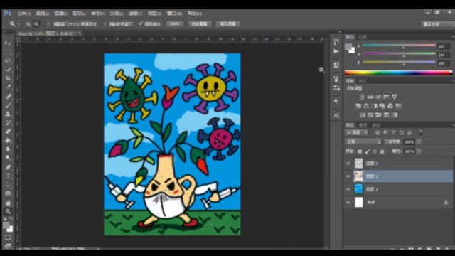 疫情绘画,花瓶医生大战病毒,儿童绘画,PS板绘