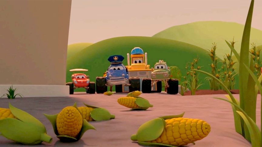 儿童益智启蒙动画:推土机的玉米丢了,请警车过来破案