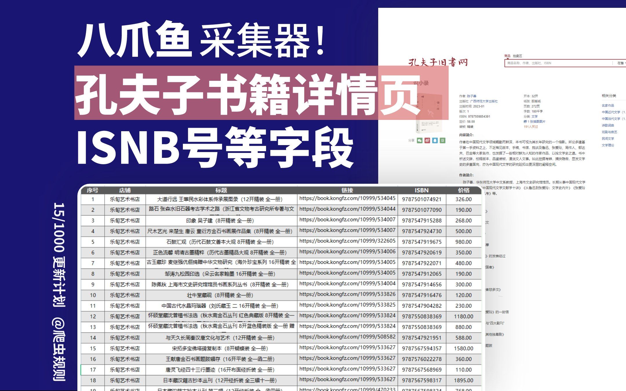 【15/1000】孔夫子旧书网书籍列表页采集 批量提取书名书链接价格等...