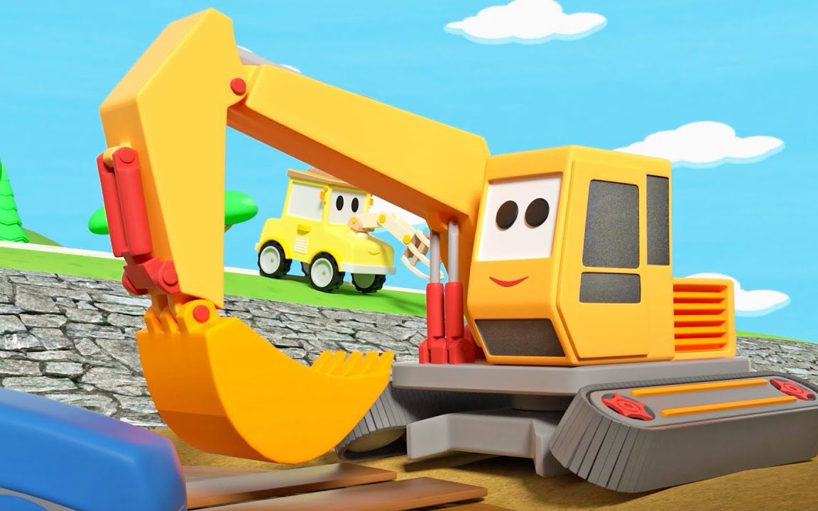 工程车动画:挖掘机来救困在河道里的汽车