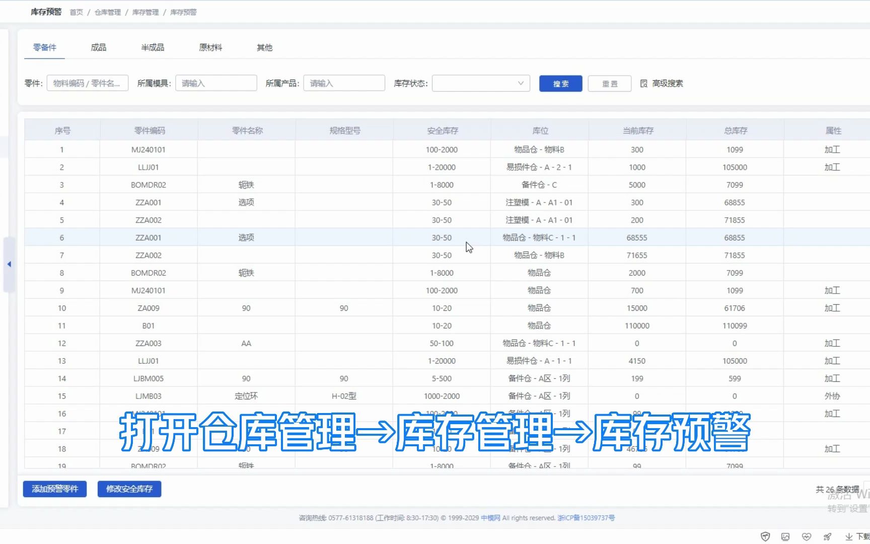 3.仓库管理→库存管理→库存预警 添加预警零件+修改安全库存