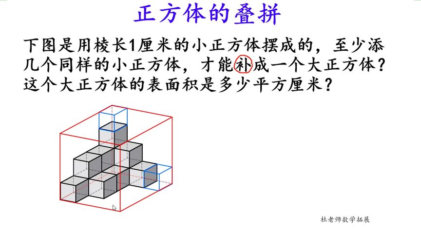 五年级下册,正方体的叠拼--添几个小正方体,能补成大正方体?
