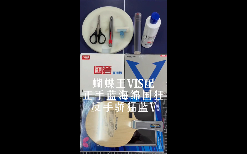 蝴蝶vis维斯卡利亚正手国狂蓝海绵 反手骄猛蓝V粘拍视频～