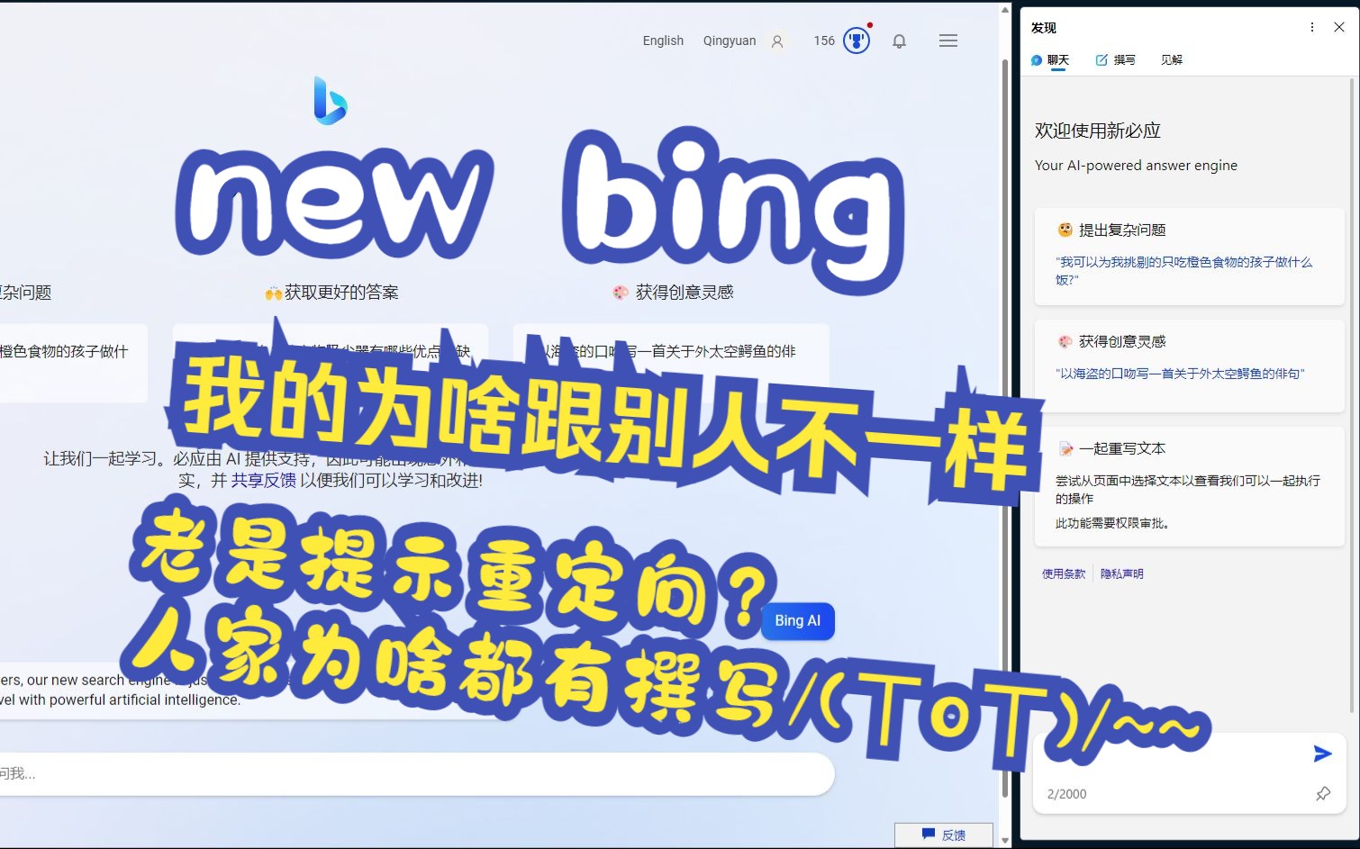 New bing 打不开,提示重定向?为啥Edge dev 侧边栏没有chat?
