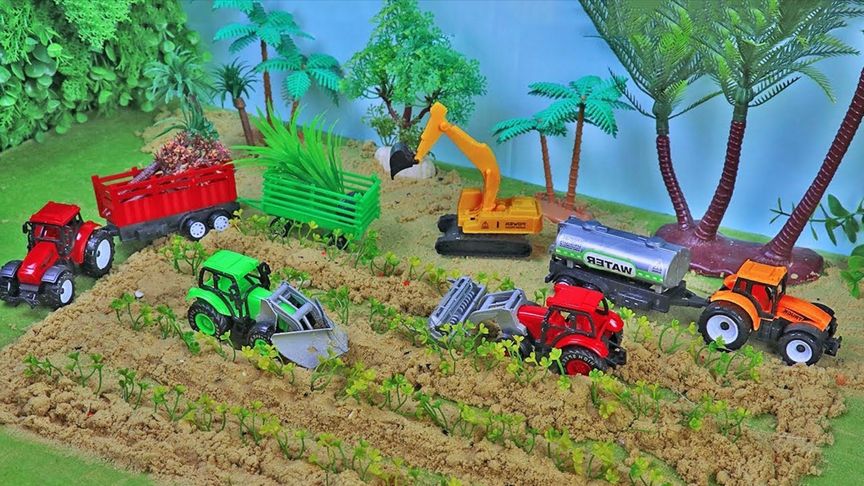 拔树机开荒、播种机种地、收割机收获粮食