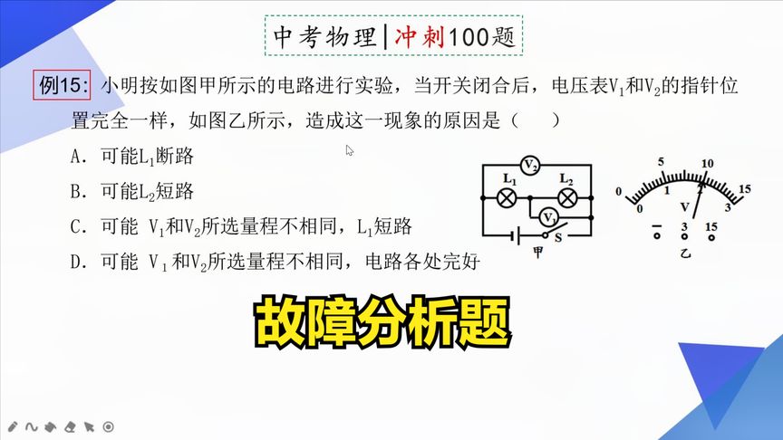 中考物理冲刺第15题,两个电压表指针偏转一样,可能的原因是什么