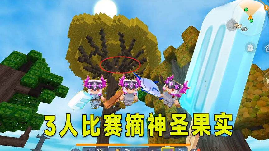迷你世界沙漠生存19:神圣树不用便便长大了,3人比赛摘神圣果实