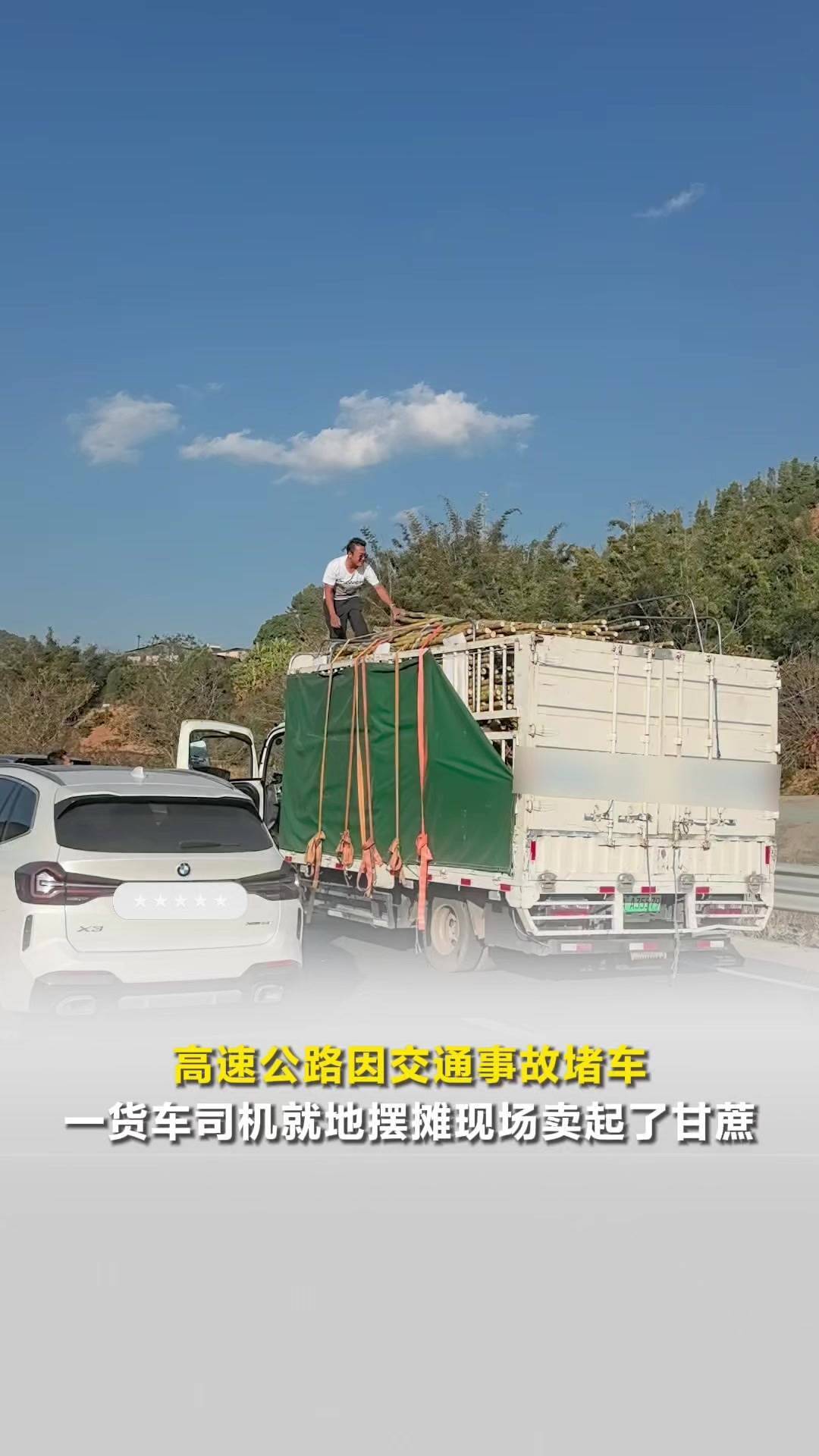 高速公路因交通事故堵车,一货车司机就地摆摊卖起了甘蔗:10块钱一根,...