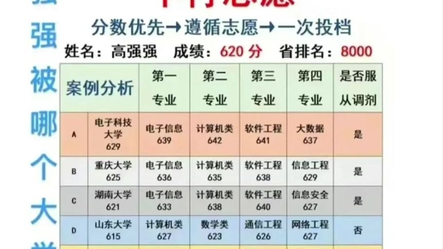 高考平行志愿投档规则情况下,被哪所大学哪个专业录取。