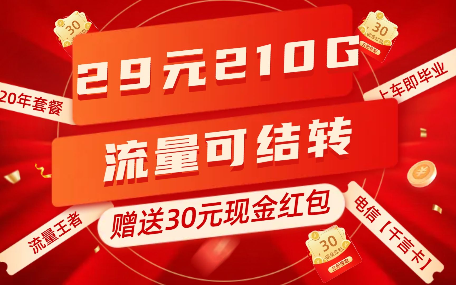 "电信千言卡:浩然卡的升级版,仅需29元,即可享受210G超级大流量!流量...