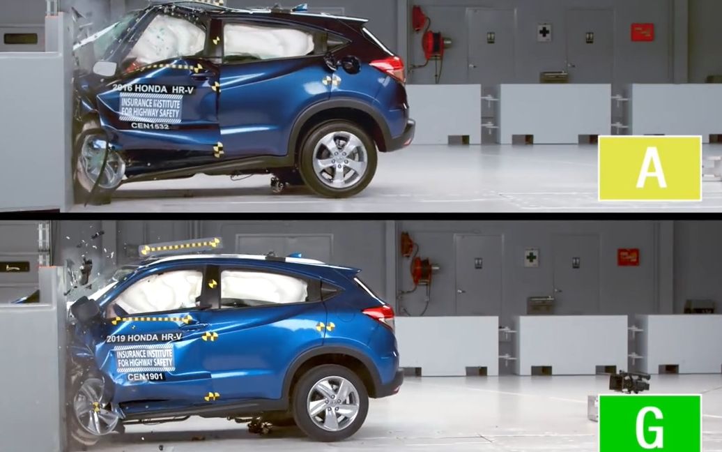 IIHS对比了2016款与2019款的本田 HR-V 正面小角度司机侧测试