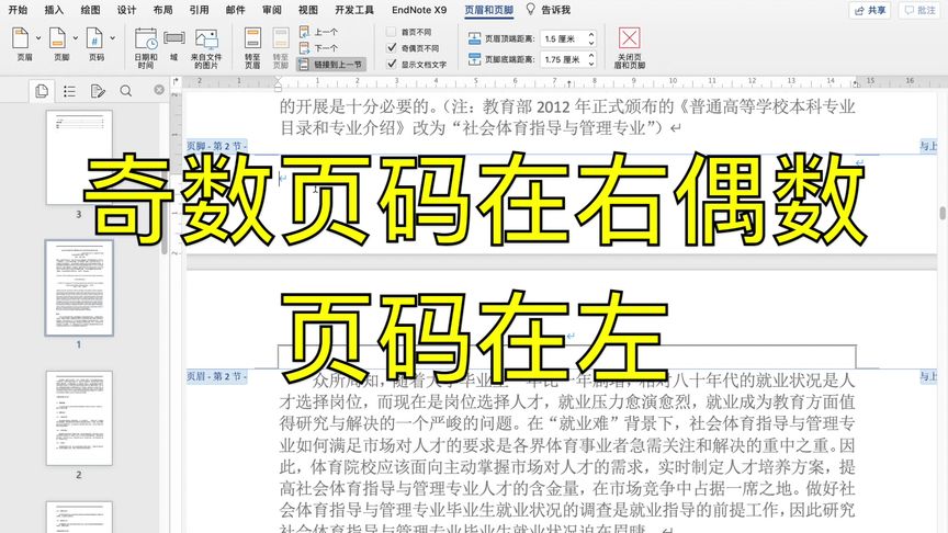页码设置 奇数页在右偶数页在左 奇偶页不同 #毕业