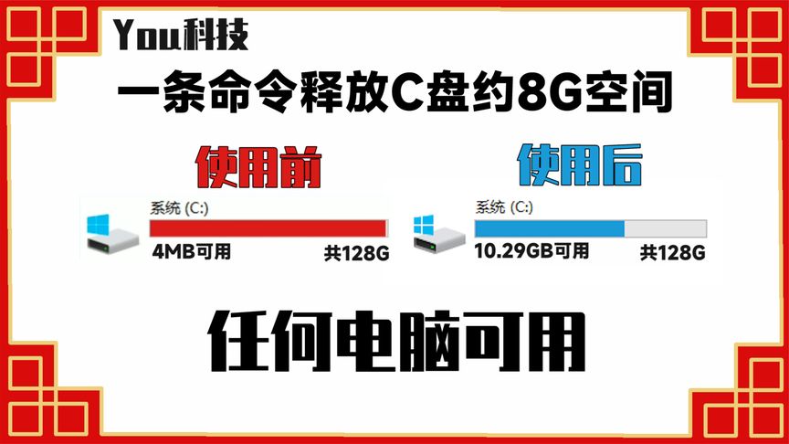 You科技:C盘红了?一条命令轻松清除C盘约8G的空间!