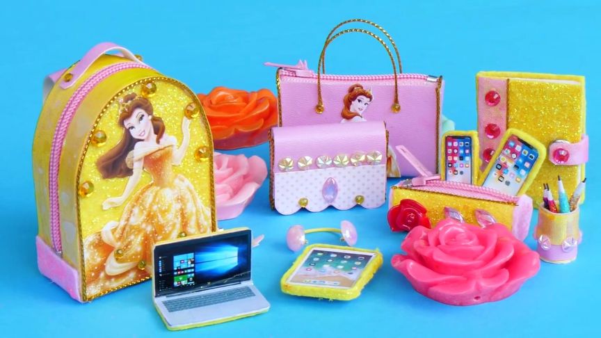 diy手工制作迷你芭比娃娃的学校用品,背包、笔记本,文具盒