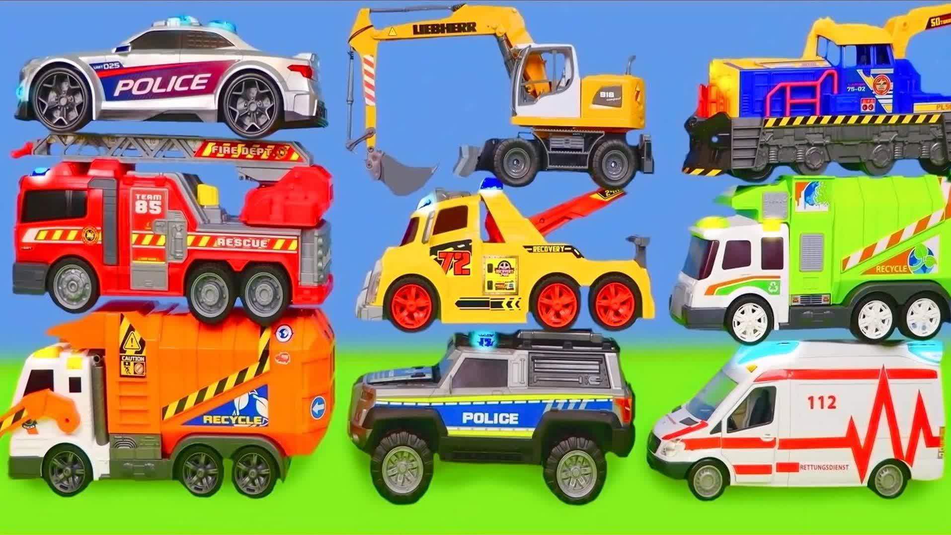 汽车动画片:消防车、挖掘机、起重机、救护车