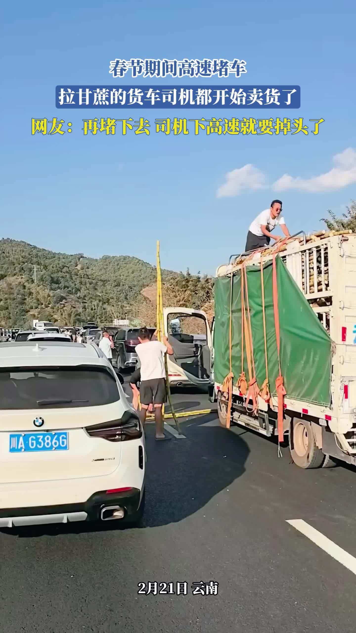 春节期间高速堵车,拉甘蔗的货车司机都开始卖货了