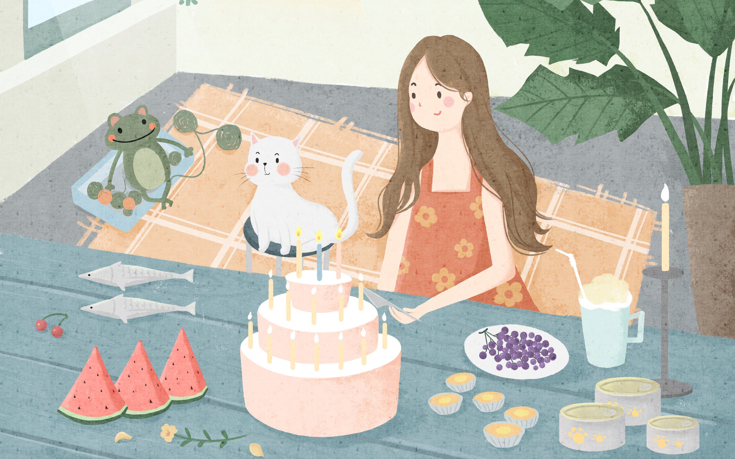 【商业插画】女孩与猫1