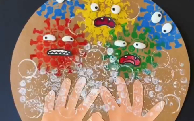 儿童创意画,简单的抗疫主题画,一看就会,很有趣。每天勤洗手,病毒远离...