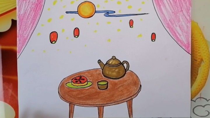 中秋之夜喝茶吃月饼儿童画