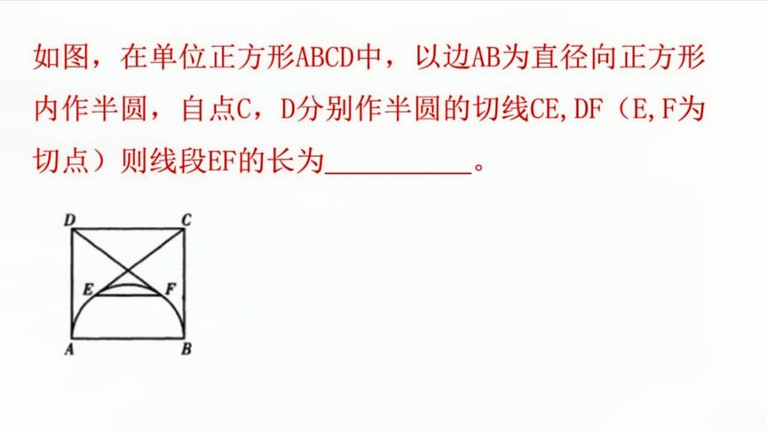 初中数学:CE,DF圆正方形内半圆相切,求切点的连线EF的长!